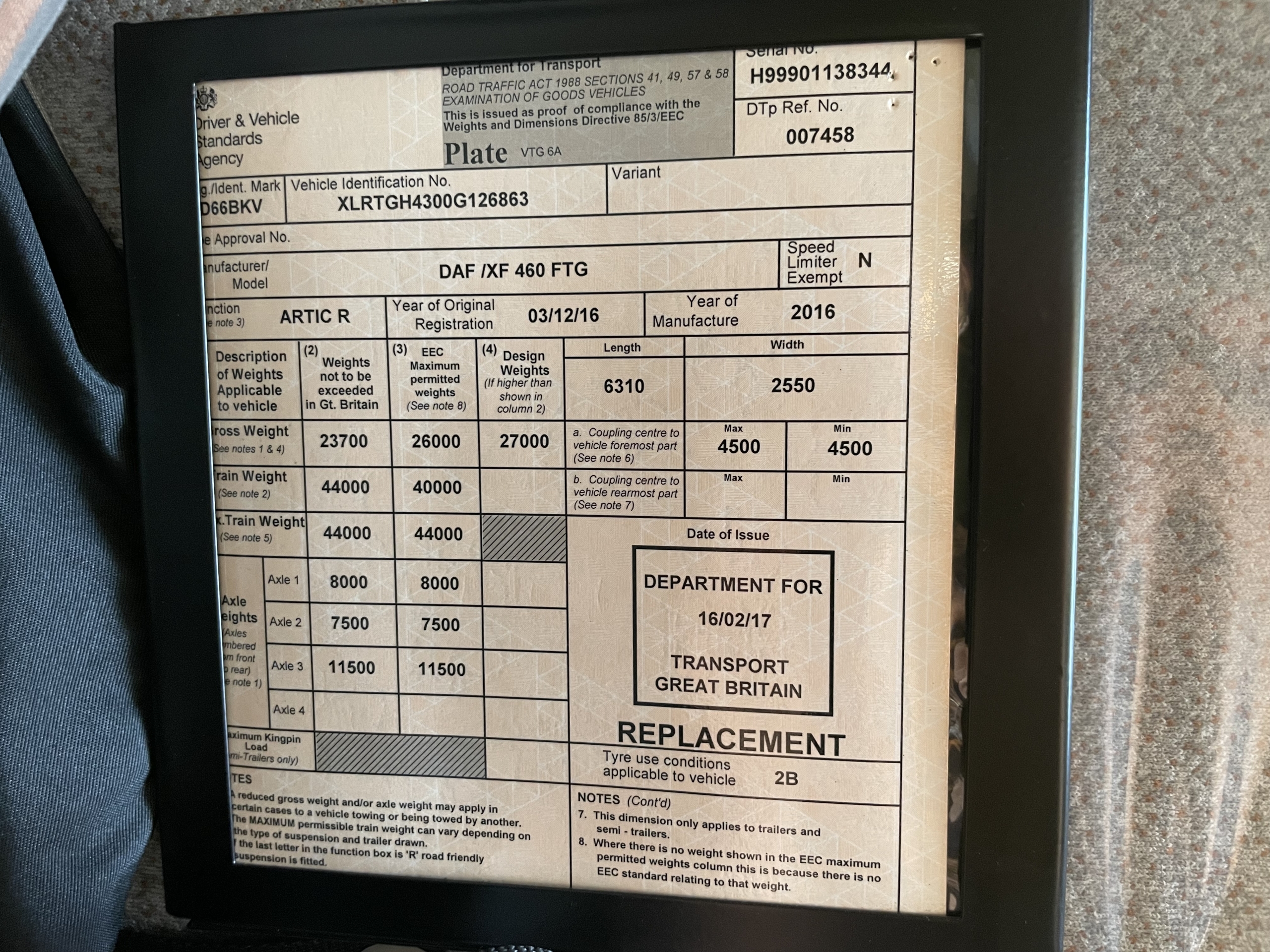 DAF XF106 *EURO 6* 6X2 TRACTOR UNIT – 2016 – SD66 BKV - Walker Movements