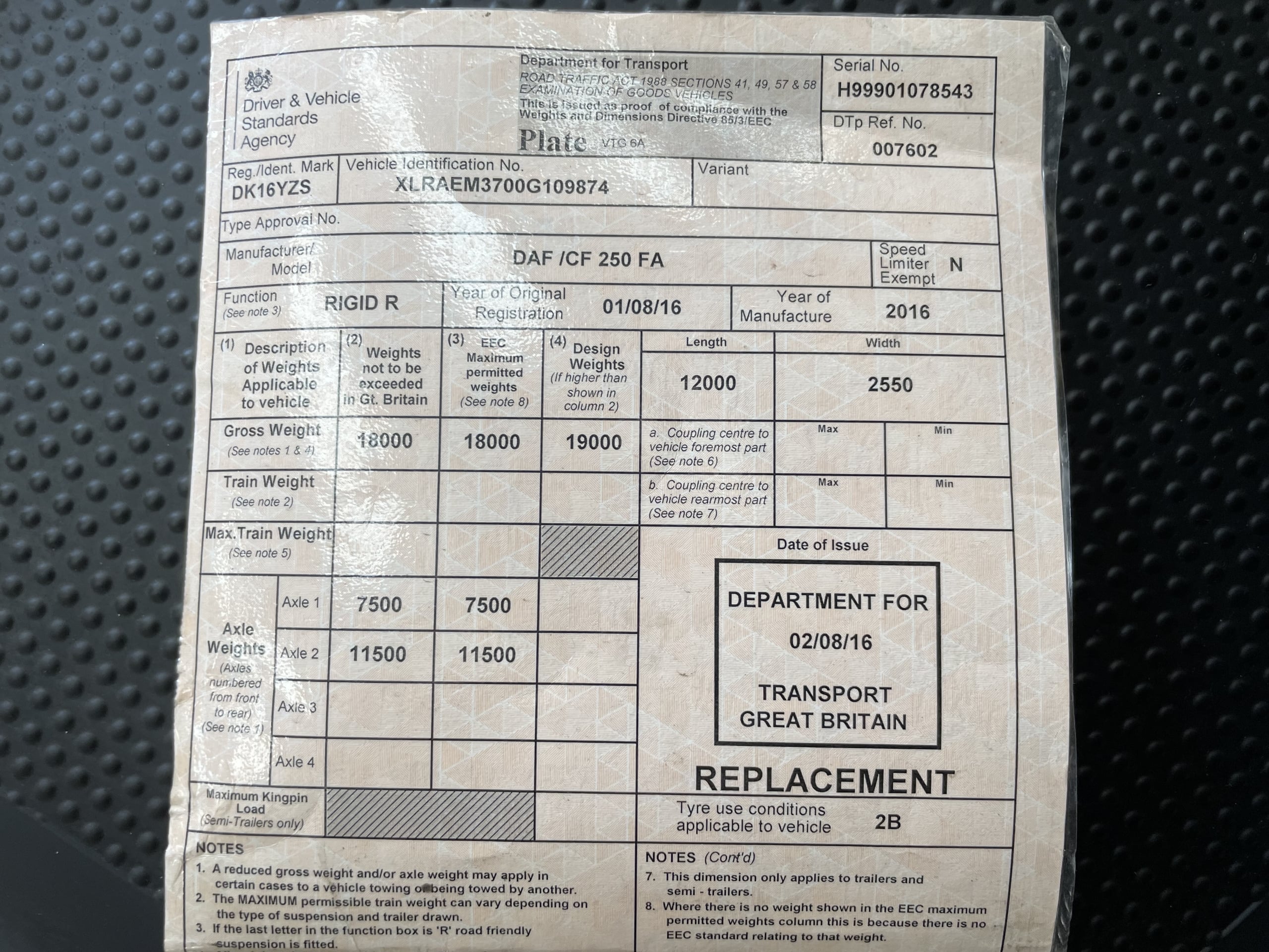 DAF CF250 *EURO 6*, 4X2 DROPSIDE FLATBED – 2016 – DK16 YZS - Walker Movements